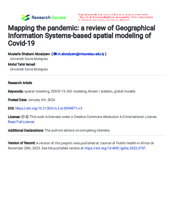 (PDF) Mapping the Pandemic: A Review of GIS-based Spatial Modeling of COVID-19