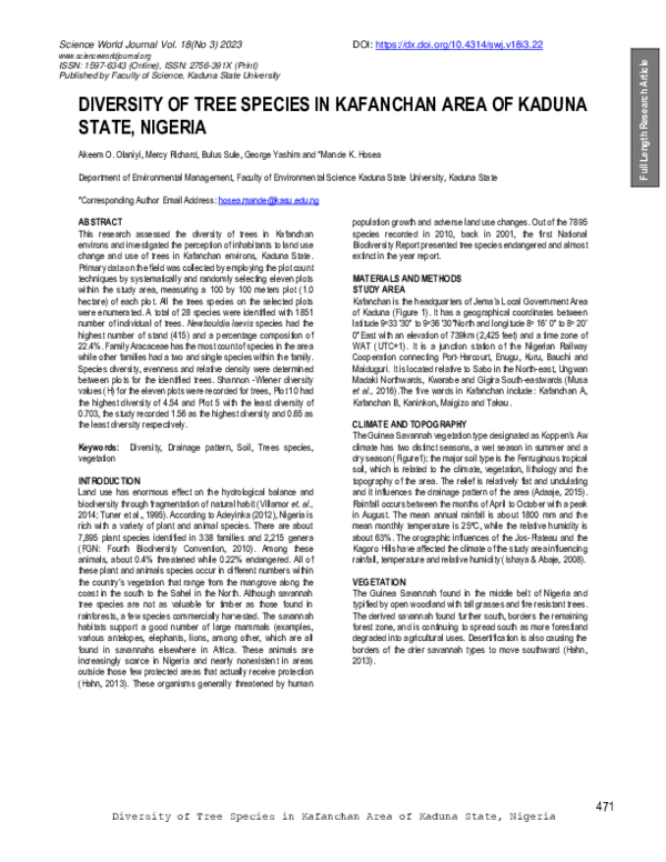 (PDF) Diversity of tree species in Kafanchan area of Kaduna State, Nigeria