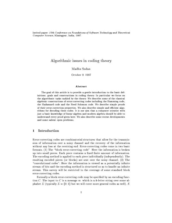 (PDF) Algorithmic issues in coding theory