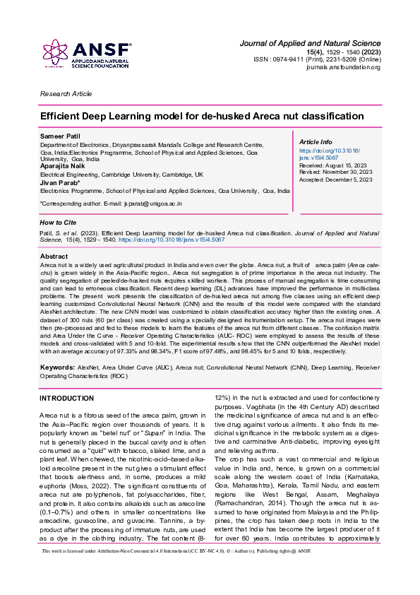 (PDF) Efficient Deep Learning model for de-husked Areca nut classification