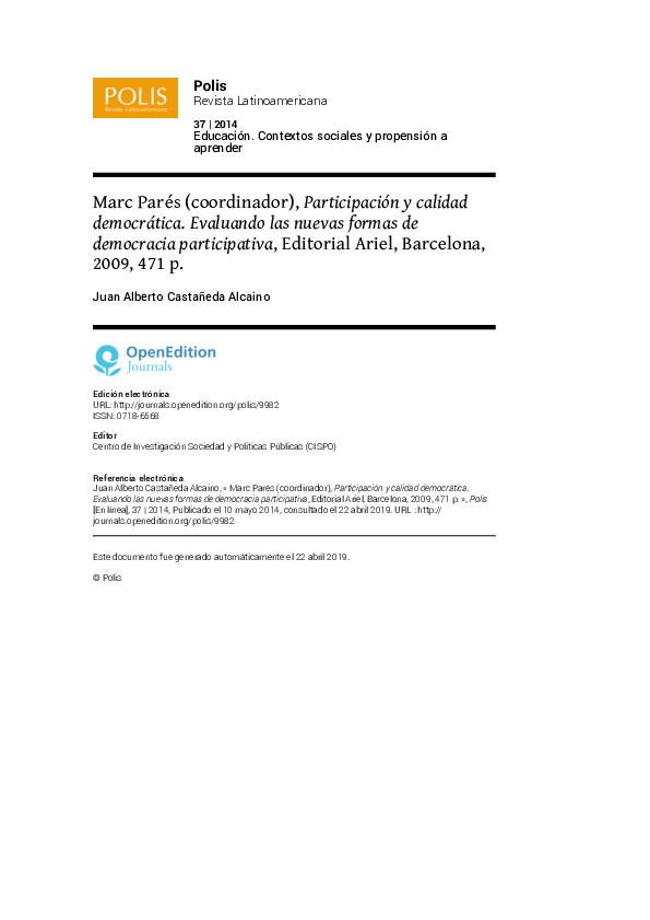 (PDF) Marc Parés (coordinador), Participación y calidad democrática ...