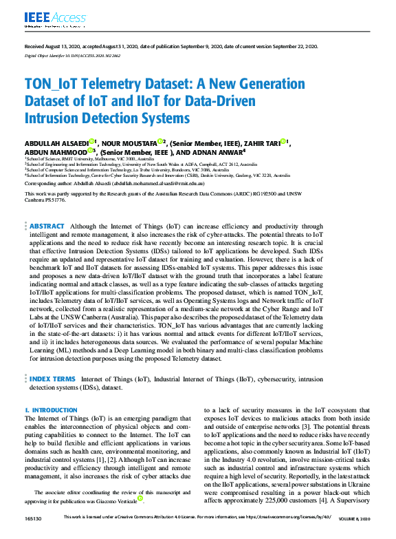 Pdf Ton Iot Telemetry Dataset A New Generation Dataset Of Iot And Iiot For Data Driven