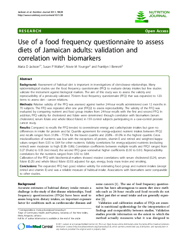 (PDF) Use of a food frequency questionnaire to assess diets of Jamaican ...