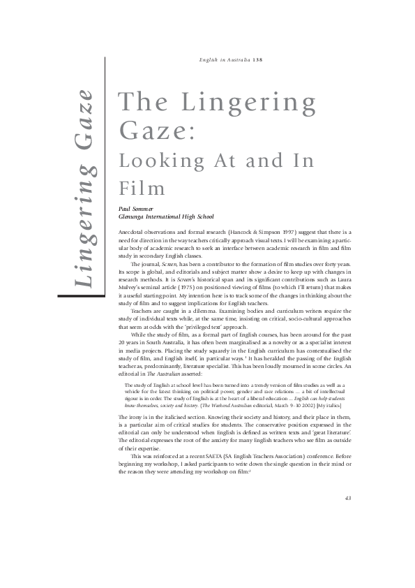 (PDF) The Lingering Gaze: Looking At and In Film | Paul Sommer ...