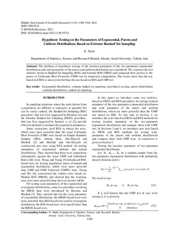 Pdf Hypothesis Testing On The Parameters Of Exponential Pareto And Uniform Distributions