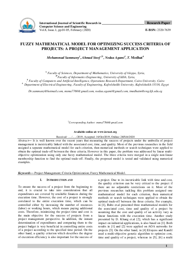 (PDF) Fuzzy Mathematical Model For Optimizing Success Criteria Of Projects: A Project Management ...