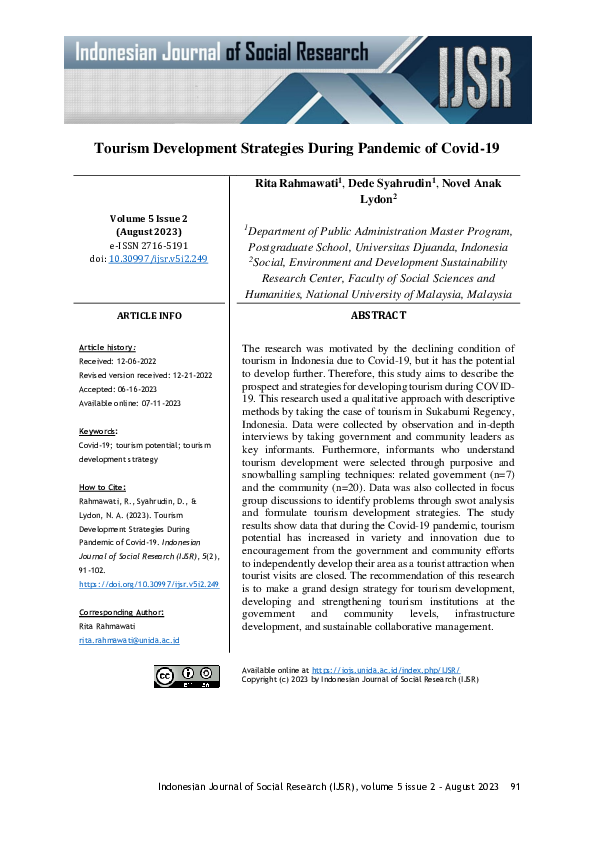(PDF) Tourism Development Strategies During Pandemic of Covid-19