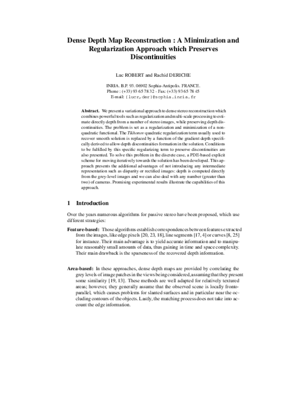 (PDF) Dense depth map reconstruction: A minimization and regularization approach which preserves ...