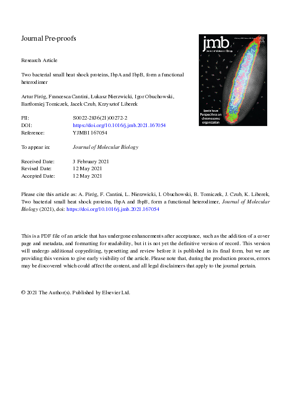 (PDF) Two Bacterial Small Heat Shock Proteins, IbpA and IbpB, Form a ...