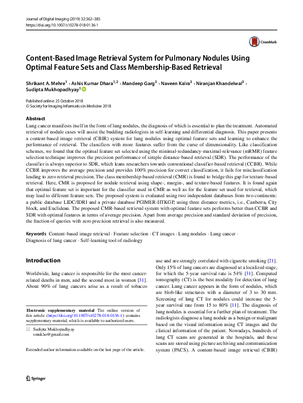 (PDF) Content-Based Image Retrieval System for Pulmonary Nodules Using Optimal Feature Sets and ...