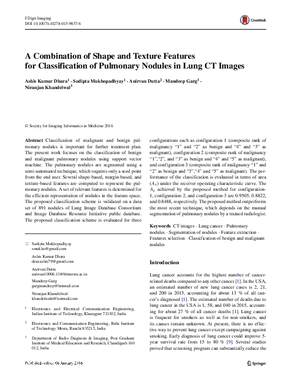 (PDF) A Combination of Shape and Texture Features for Classification of Pulmonary Nodules in ...