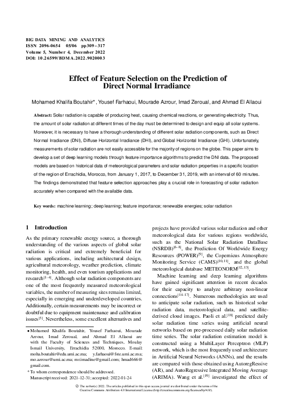 (PDF) Effect of Feature Selection on the Prediction of Direct Normal ...
