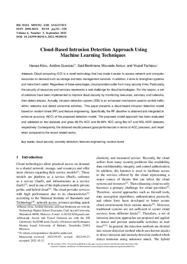 Pdf Cloud Based Intrusion Detection Approach Using Machine Learning