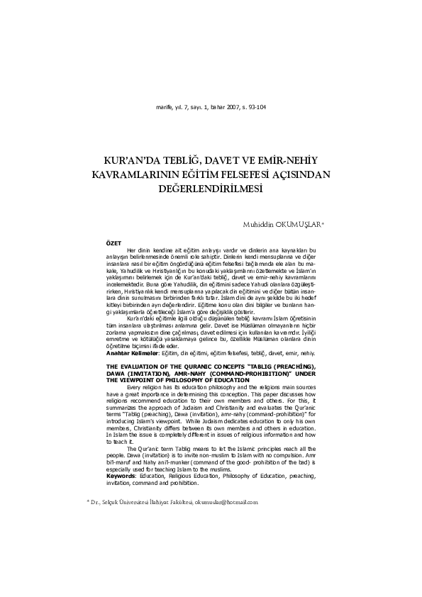 (PDF) Kur’An’Da Tebli̇ğ, Davet Ve Emi̇r-Nehi̇ykavramlarinin Eği̇ti̇m ...