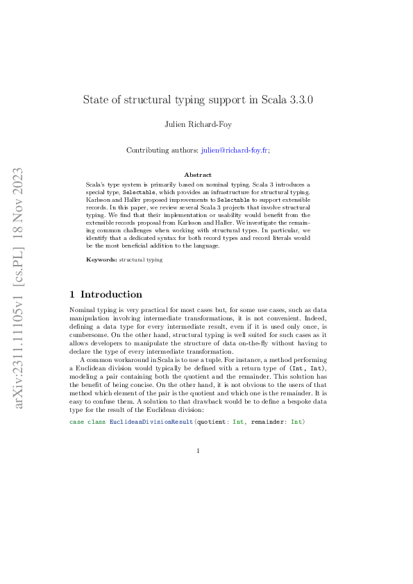 (PDF) State of structural typing support in Scala 3.3.0 | Julien ...