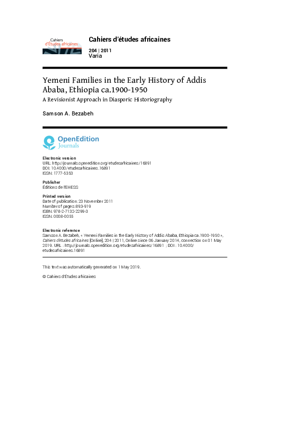 (PDF) Yemeni Families in the Early History of Addis Ababa, Ethiopia ca ...