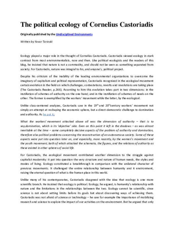 (PDF) The Political Ecology of Castoriadis