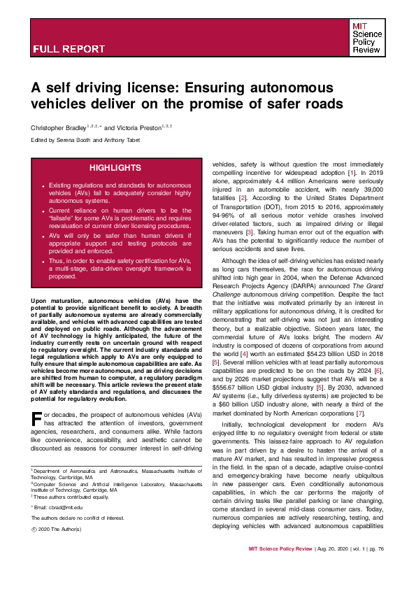 (PDF) A self driving license: Ensuring autonomous vehicles deliver on ...