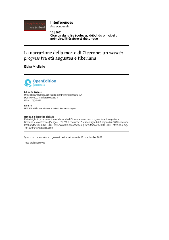 (PDF) La narrazione della morte di Cicerone: un work in progress tra età augustea e tiberiana