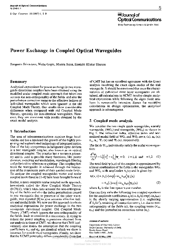 (PDF) Power Exchange in Coupled Optical Waveguides