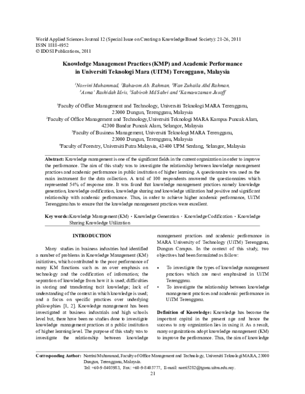 (PDF) Knowledge Management Practices (KMP) and Academic Performance in Universiti Teknologi Mara ...
