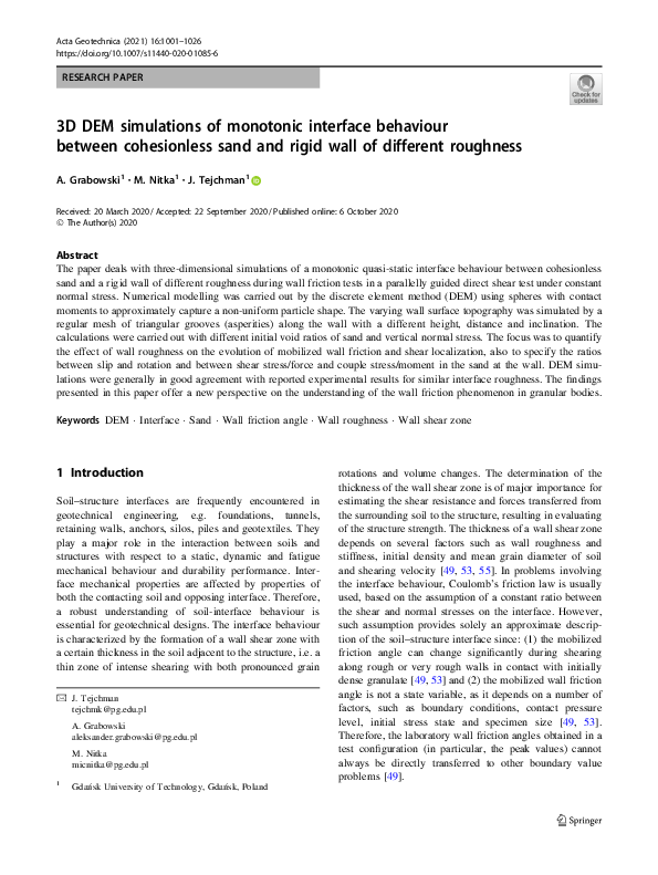 (PDF) 3D DEM simulations of monotonic interface behaviour between cohesionless sand and rigid ...