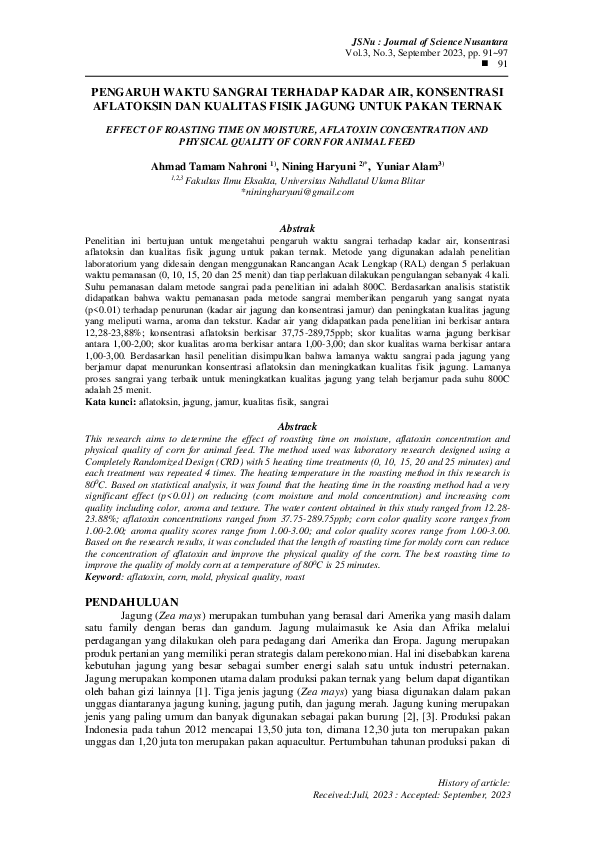 (PDF) Pengaruh Waktu Sangrai Terhadap Kadar Air, Konsentrasi Aflatoksin Dan Kualitas Fisik ...