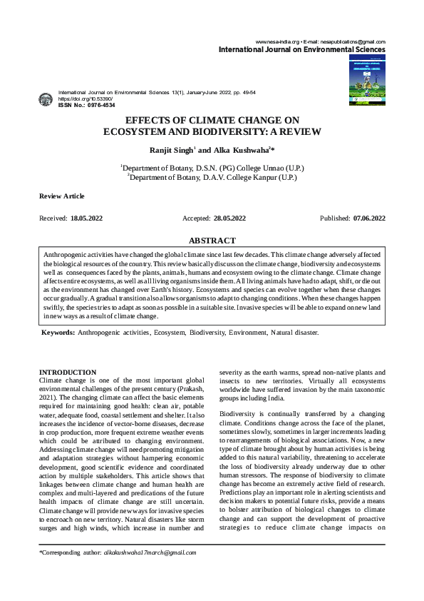 (PDF) EFFECTS OF CLIMATE CHANGE ON ECOSYSTEM AND BIODIVERSITY: A REVIEW