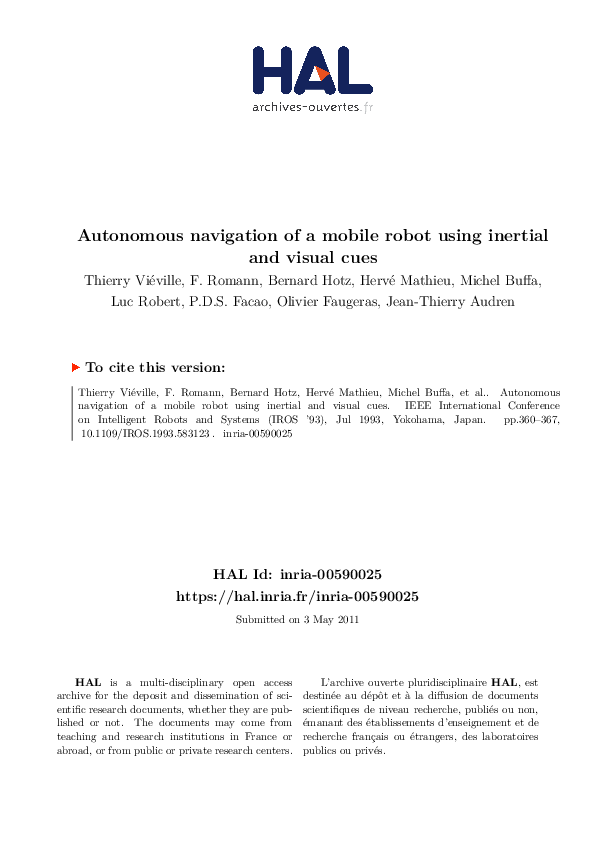 Pdf Autonomous Navigation Of A Mobile Robot Using Inertial And Visual Cues