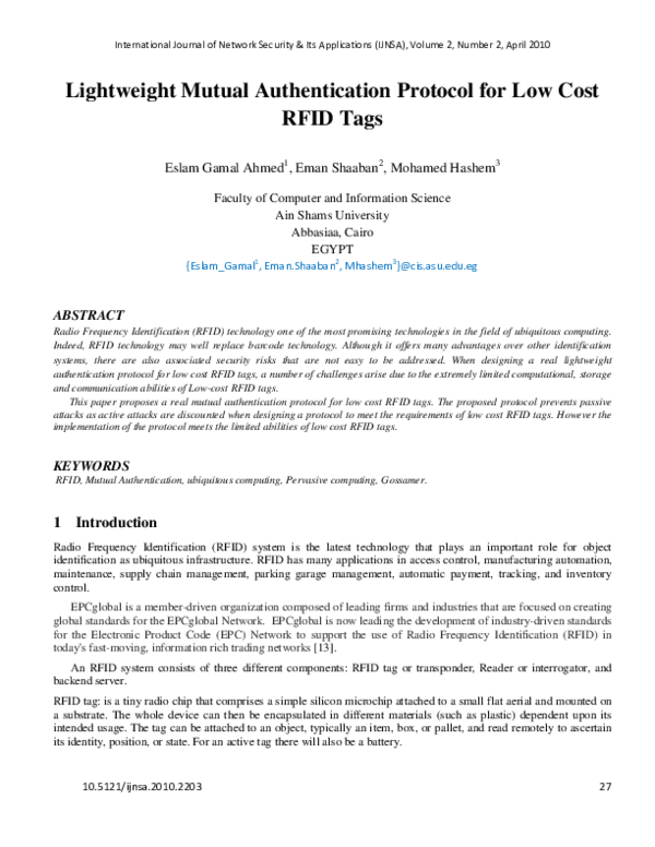 (PDF) Lightweight mutual authentication protocol for securing RFID applications