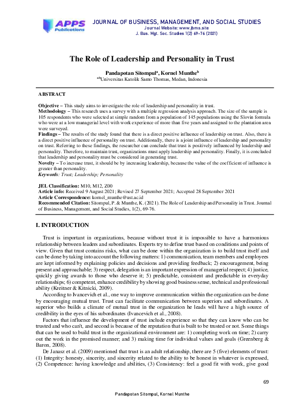 (PDF) The Role of Leadership and Personality in Trust