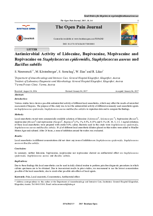 (PDF) Antimicrobial Activity of Lidocaine, Bupivacaine, Mepivacaine and ...