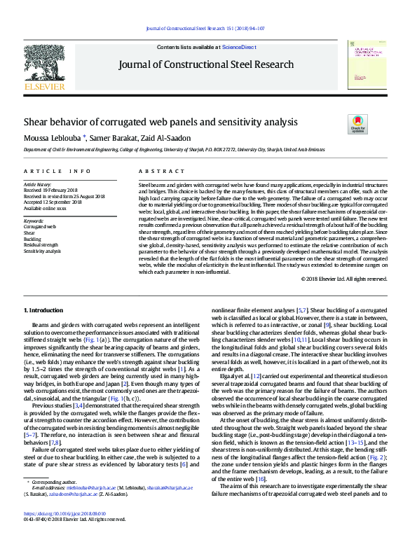 (PDF) Shear behavior of corrugated web panels and sensitivity analysis