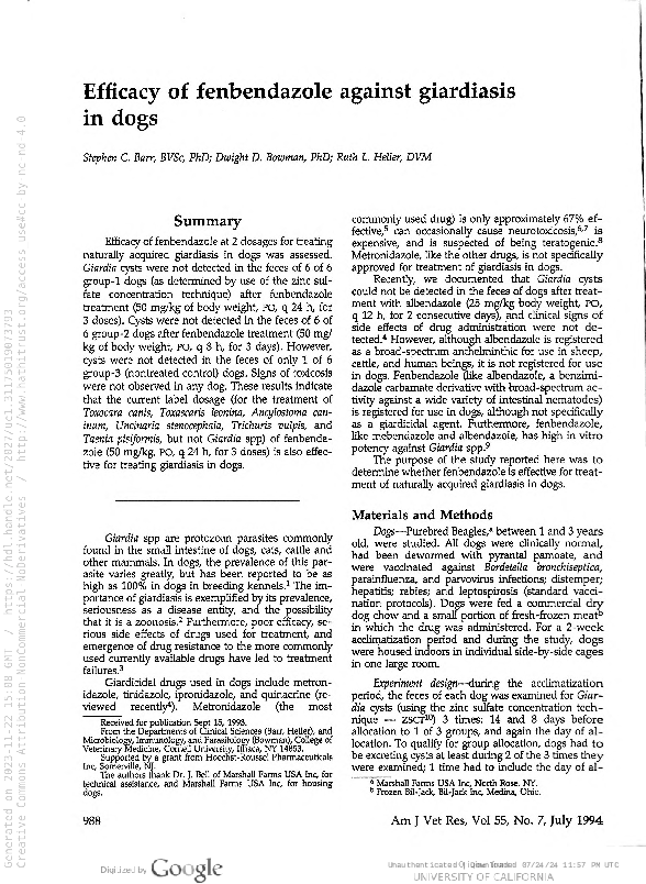 (PDF) Efficacy of fenbendazole against giardiasis in dogs
