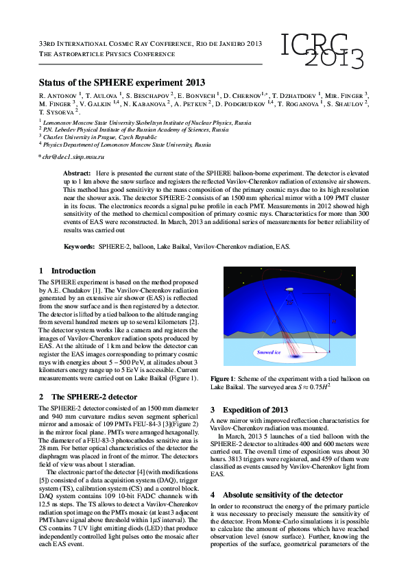(PDF) Status of the SPHERE experiment 2013