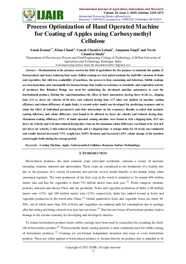 (PDF) Process Optimization of Hand Operated Machine for Coating of Apples using Carboxymethyl ...