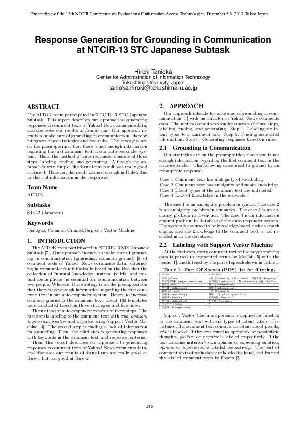 (PDF) Response Generation for Grounding in Communication at NTCIR-13 STC Japanese Subtask ...