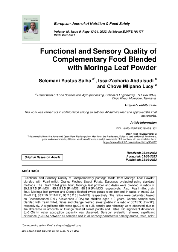 (PDF) Functional and Sensory Quality of Complementary Food Blended with ...