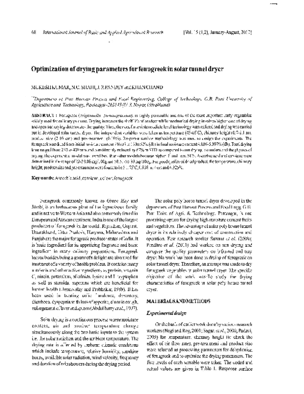 (PDF) Optimization of drying parameters for fenugreek in solar tunel dryer