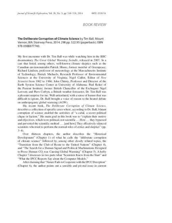 (PDF) The Deliberate Corruption of Climate Science by Tim Ball