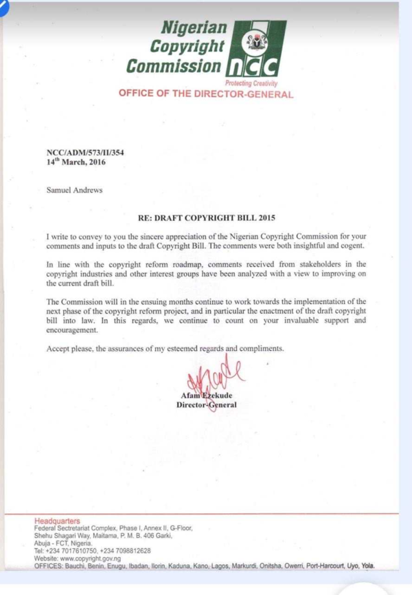 (PDF) Nigerian Copyright Commission Letter of Commendation