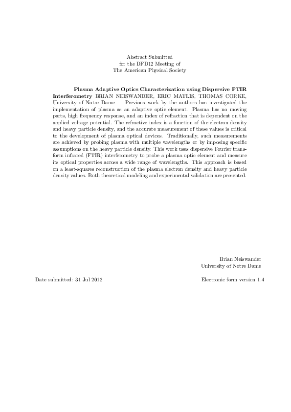 (PDF) Plasma Adaptive Optics Characterization using Dispersive FTIR ...