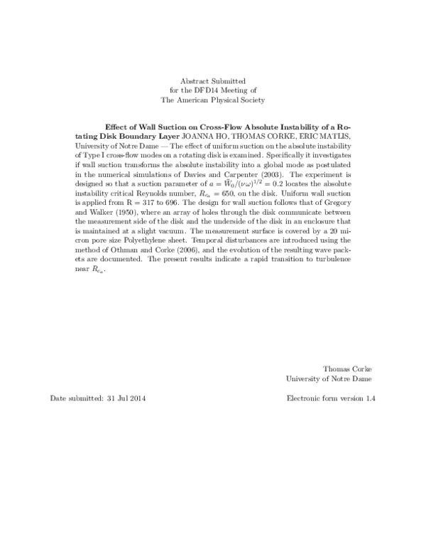 (PDF) Effect of Wall Suction on Cross-Flow Absolute Instability of a Rotating Disk Boundary Layer