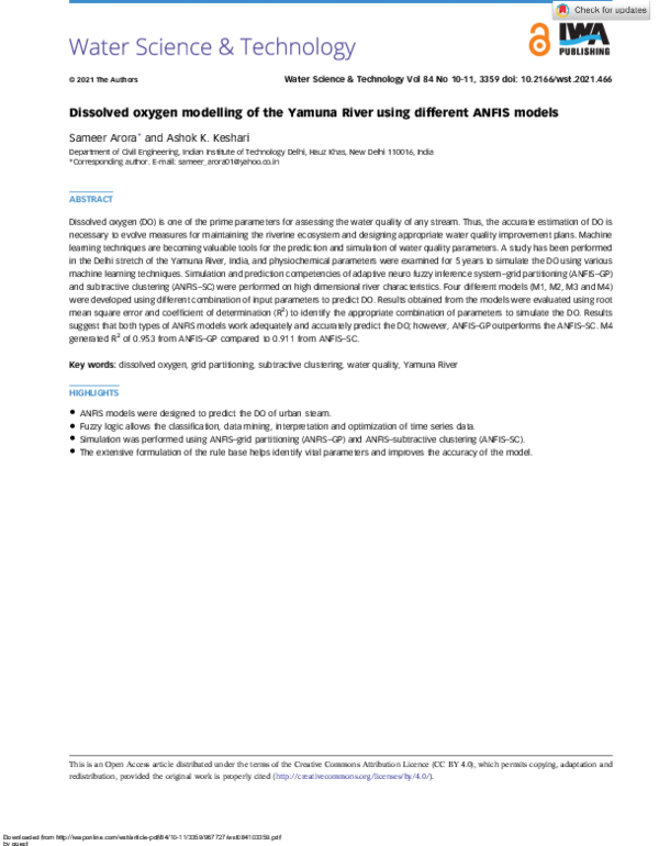 (PDF) Dissolved oxygen modelling of the Yamuna River using different ANFIS models