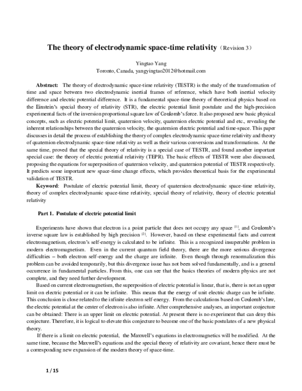 (PDF) The Theory of Electrodynamic Space-Time Relativity（Revision 3）