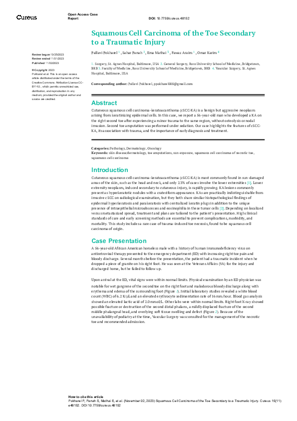 (PDF) Squamous Cell Carcinoma of the Toe Secondary to a Traumatic ...