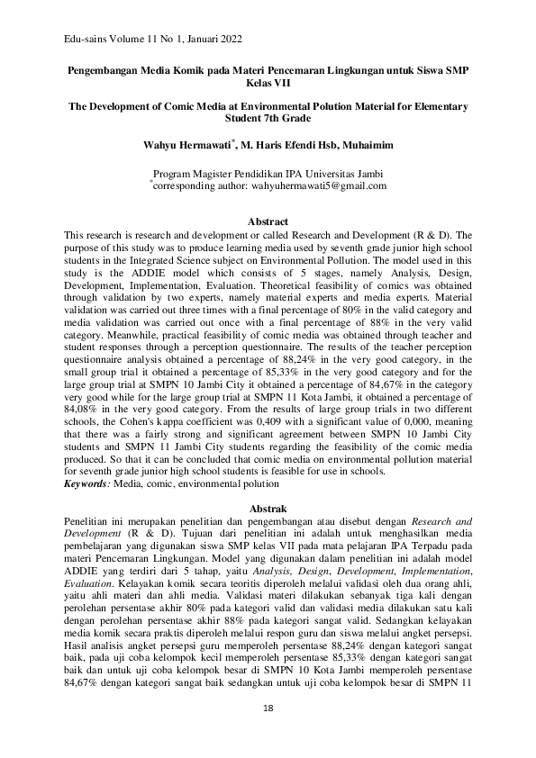 (PDF) Pengembangan Media Komik pada Materi Pencemaran Lingkungan untuk Siswa SMP Kelas VII