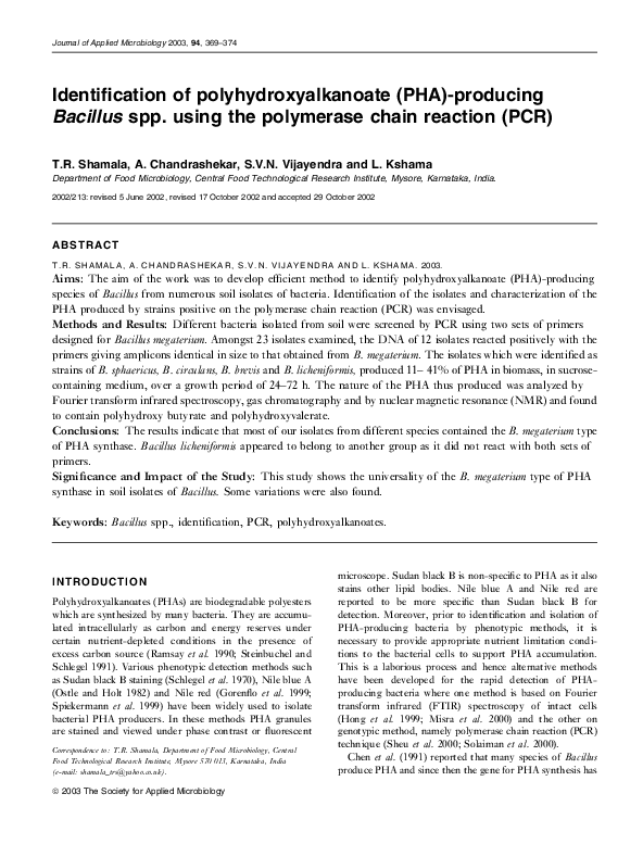 (PDF) Identification of polyhydroxyalkanoate (PHA)-producing Bacillus spp. using the polymerase ...