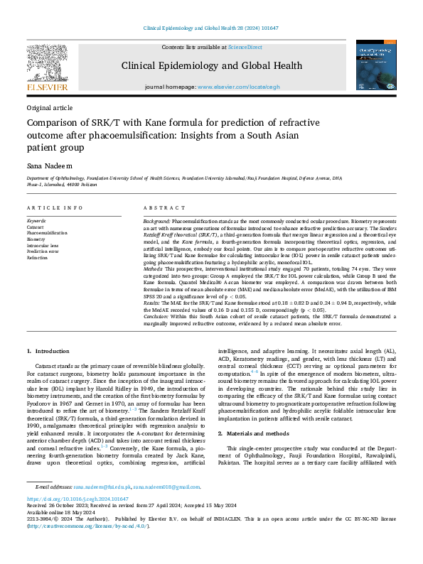 (PDF) Comparison of SRK/T with Kane Formula for Prediction of Refractive Outcome after ...