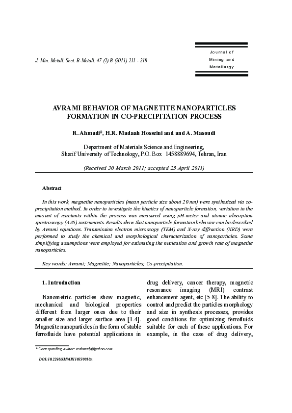 (PDF) Avrami behavior of magnetite nanoparticles formation in co ...